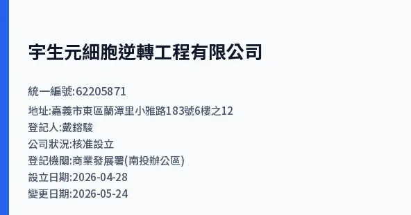 宇生元細胞逆轉工程有限公司的照片-統編 62205871(嘉義市) 公司登記資料與營業項目詳細圖表