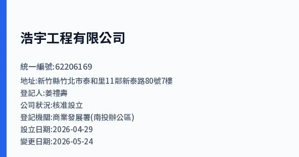 浩宇工程有限公司的照片-統編 62206169(新竹縣) 公司登記資料與營業項目詳細圖表