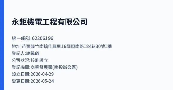 永鉅機電工程有限公司的照片-統編 62206196(苗栗縣) 公司登記資料與營業項目詳細圖表