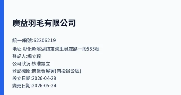 廣益羽毛有限公司的照片-統編 62206219(彰化縣) 公司登記資料與營業項目詳細圖表