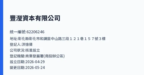 豐瀅資本有限公司的照片-統編 62206246(彰化縣) 公司登記資料與營業項目詳細圖表