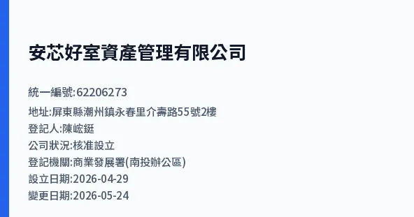 安芯好室資產管理有限公司的照片-統編 62206273(屏東縣) 公司登記資料與營業項目詳細圖表