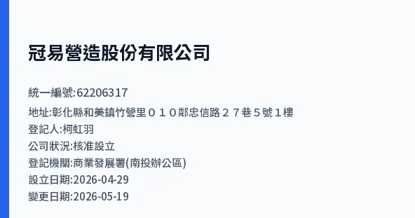 冠易營造股份有限公司的照片-統編 62206317(彰化縣) 公司登記資料與營業項目詳細圖表