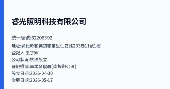 睿光照明科技有限公司的照片-統編 62206392(彰化縣) 公司登記資料與營業項目詳細圖表