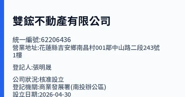 雙鋐不動產有限公司的照片-統編 62206436(花蓮縣) 公司登記資料與營業項目詳細圖表