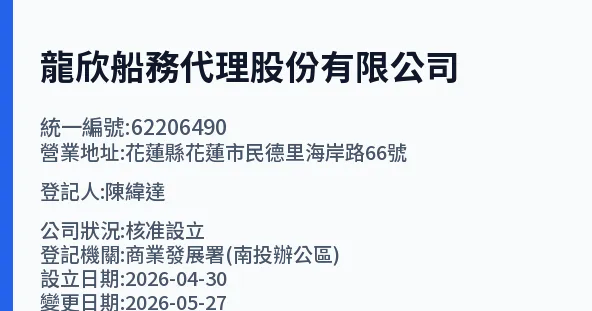 龍欣船務代理股份有限公司的照片-統編 62206490(花蓮縣) 公司登記資料與營業項目詳細圖表