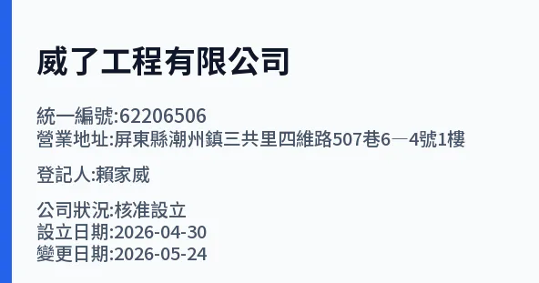 威了工程有限公司的照片-統編 62206506(屏東縣) 公司登記資料與營業項目詳細圖表
