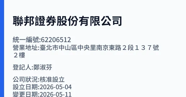 聯邦證券股份有限公司的照片-統編 62206512(臺北市) 公司登記資料與營業項目詳細圖表