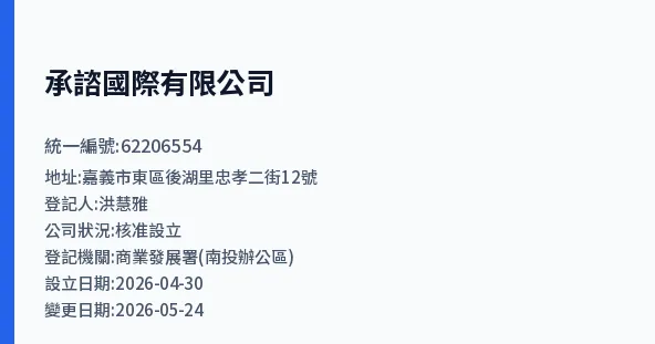 承諮國際有限公司的照片-統編 62206554(嘉義市) 公司登記資料與營業項目詳細圖表