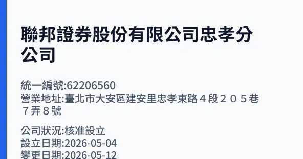 聯邦證券股份有限公司忠孝分公司的照片-統編 62206560(臺北市) 公司登記資料與營業項目詳細圖表