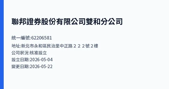 聯邦證券股份有限公司雙和分公司的照片-統編 62206581(新北市) 公司登記資料與營業項目詳細圖表
