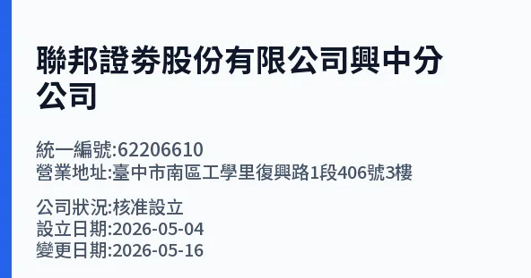聯邦證劵股份有限公司興中分公司的照片-統編 62206610(臺中市) 公司登記資料與營業項目詳細圖表