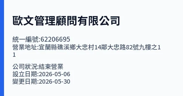 歐文管理顧問有限公司的照片-統編 62206695(宜蘭縣) 公司登記資料與營業項目詳細圖表