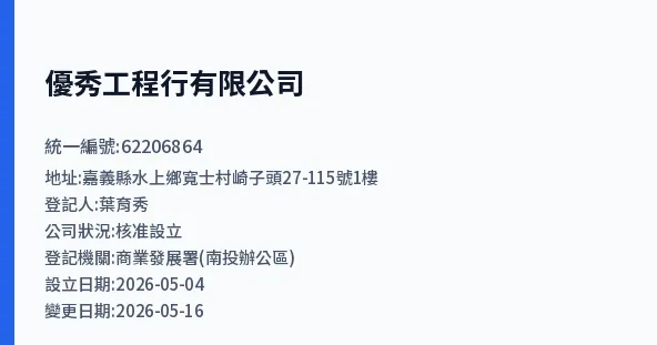 優秀工程行有限公司的照片-統編 62206864(嘉義縣) 公司登記資料與營業項目詳細圖表
