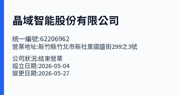 晶域智能股份有限公司的照片-統編 62206962(新竹縣) 公司登記資料與營業項目詳細圖表
