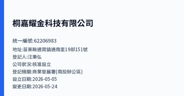桐嘉耀金科技有限公司的照片-統編 62206983(苗栗縣) 公司登記資料與營業項目詳細圖表
