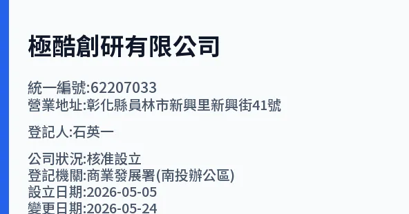 極酷創研有限公司的照片-統編 62207033(彰化縣) 公司登記資料與營業項目詳細圖表