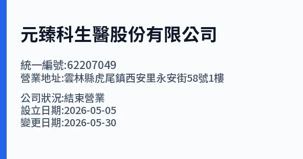 元臻科生醫股份有限公司的照片-統編 62207049(雲林縣) 公司登記資料與營業項目詳細圖表