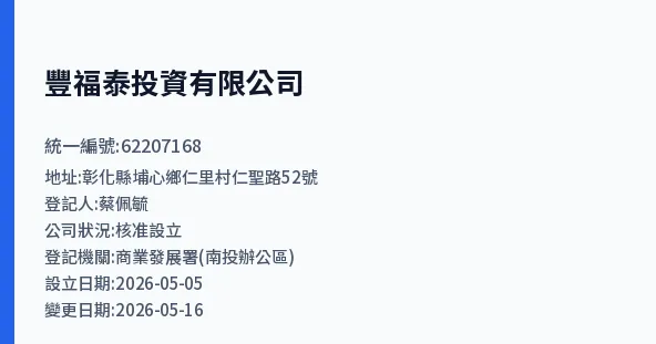 豐福泰投資有限公司的照片-統編 62207168(彰化縣) 公司登記資料與營業項目詳細圖表