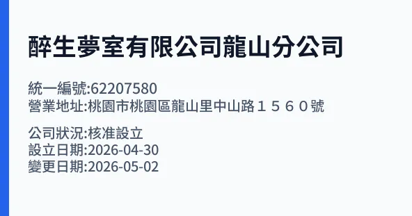 醉生夢室有限公司龍山分公司的照片-統編 62207580(桃園市) 公司登記資料與營業項目詳細圖表