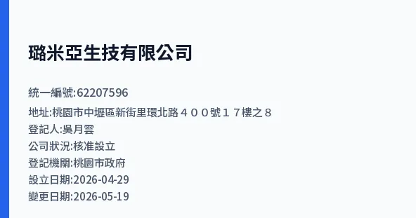 璐米亞生技有限公司的照片-統編 62207596(桃園市) 公司登記資料與營業項目詳細圖表