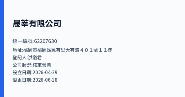 晟莘有限公司的照片-統編 62207630(桃園市) 公司登記資料與營業項目詳細圖表