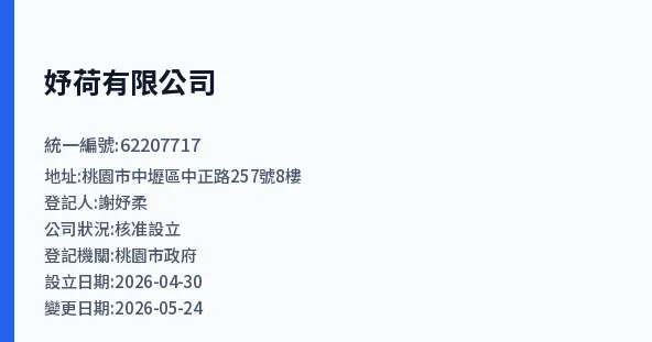 妤荷有限公司的照片-統編 62207717(桃園市) 公司登記資料與營業項目詳細圖表