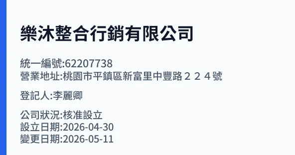 樂沐整合行銷有限公司的照片-統編 62207738(桃園市) 公司登記資料與營業項目詳細圖表