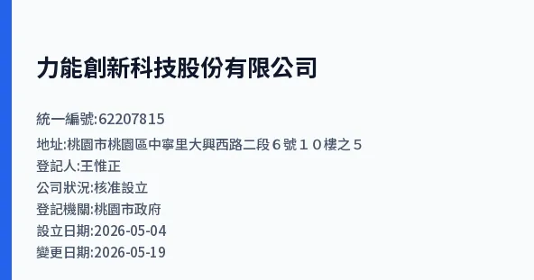 力能創新科技股份有限公司的照片-統編 62207815(桃園市) 公司登記資料與營業項目詳細圖表
