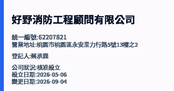 好野消防工程顧問有限公司的照片-統編 62207821 公司登記資料與營業項目詳細圖表