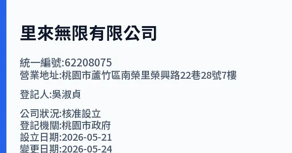 里來無限有限公司的照片-統編 62208075(桃園市) 公司登記資料與營業項目詳細圖表