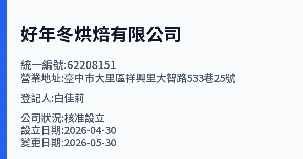 好年冬烘焙有限公司的照片-統編 62208151(臺中市) 公司登記資料與營業項目詳細圖表