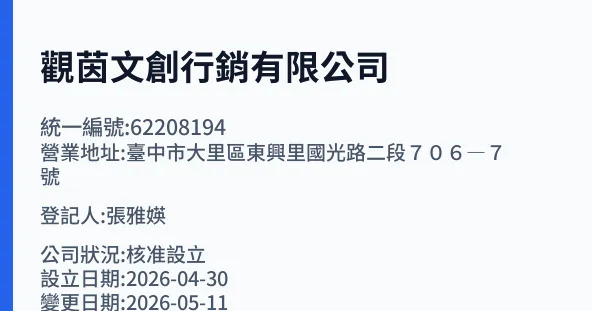 觀茵文創行銷有限公司的照片-統編 62208194(臺中市) 公司登記資料與營業項目詳細圖表