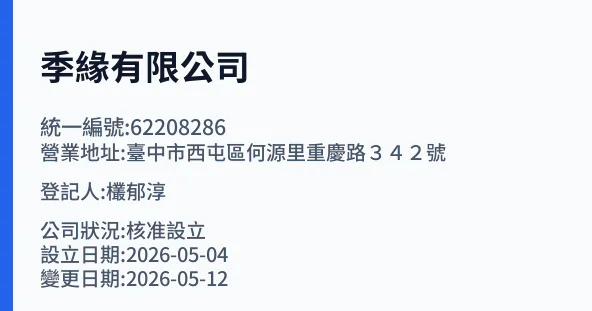 季緣有限公司的照片-統編 62208286(臺中市) 公司登記資料與營業項目詳細圖表