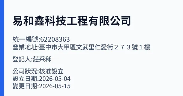 易和鑫科技工程有限公司的照片-統編 62208363(臺中市) 公司登記資料與營業項目詳細圖表