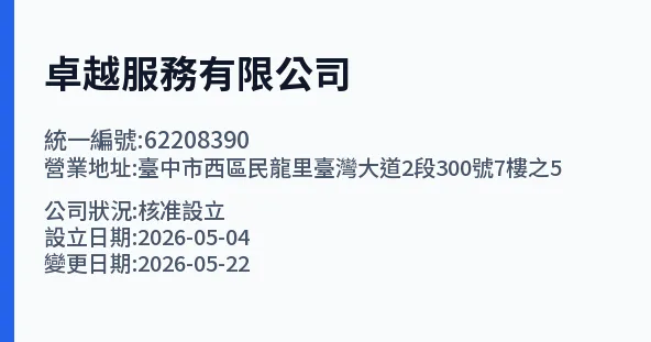 卓越服務有限公司的照片-統編 62208390(臺中市) 公司登記資料與營業項目詳細圖表