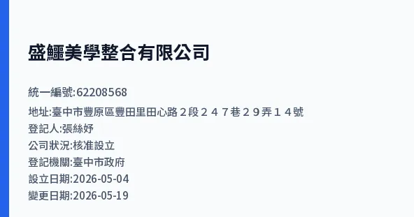 盛鱷美學整合有限公司的照片-統編 62208568(臺中市) 公司登記資料與營業項目詳細圖表