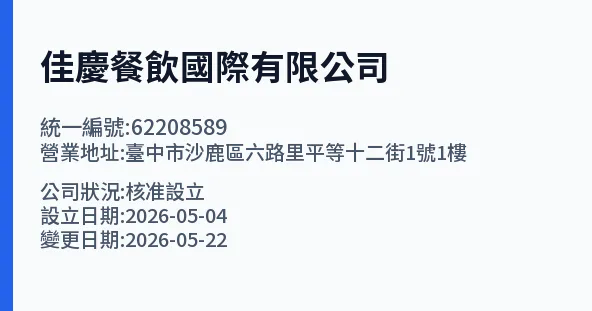 佳慶餐飲國際有限公司的照片-統編 62208589(臺中市) 公司登記資料與營業項目詳細圖表