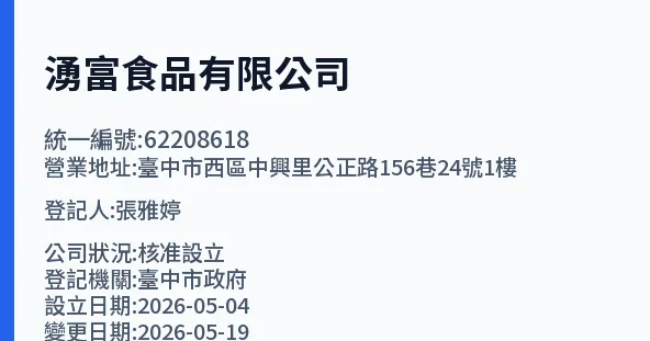 湧富食品有限公司的照片-統編 62208618(臺中市) 公司登記資料與營業項目詳細圖表