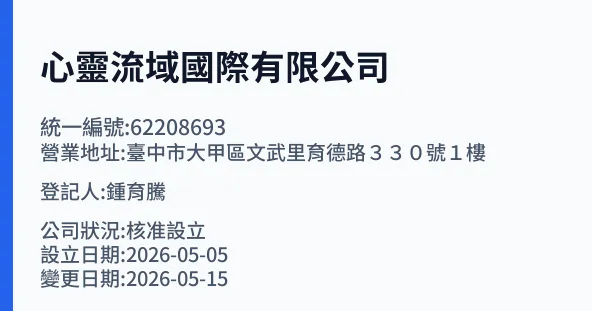 心靈流域國際有限公司的照片-統編 62208693(臺中市) 公司登記資料與營業項目詳細圖表