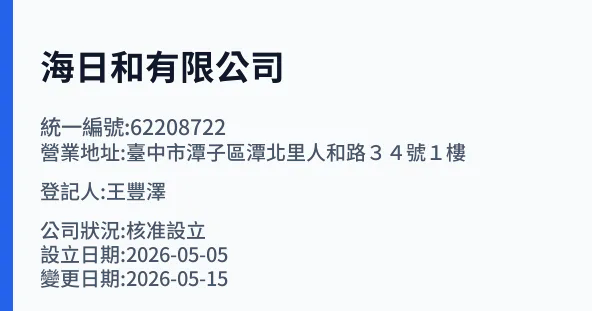 海日和有限公司的照片-統編 62208722(臺中市) 公司登記資料與營業項目詳細圖表