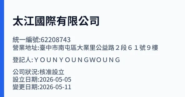太江國際有限公司的照片-統編 62208743(臺中市) 公司登記資料與營業項目詳細圖表