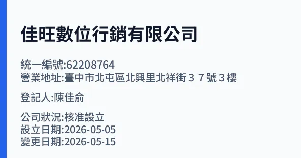 佳旺數位行銷有限公司的照片-統編 62208764(臺中市) 公司登記資料與營業項目詳細圖表