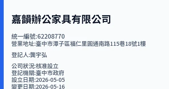 嘉韻辦公家具有限公司的照片-統編 62208770(臺中市) 公司登記資料與營業項目詳細圖表