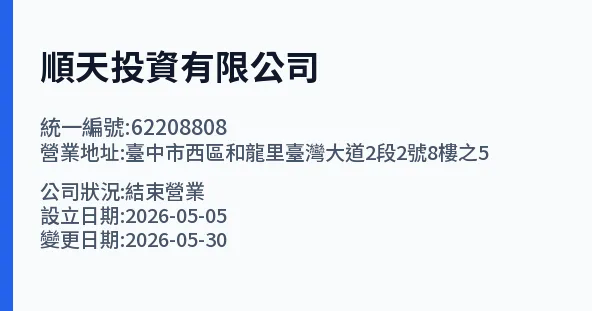 順天投資有限公司的照片-統編 62208808(臺中市) 公司登記資料與營業項目詳細圖表