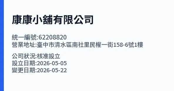 康康小舖有限公司的照片-統編 62208820(臺中市) 公司登記資料與營業項目詳細圖表