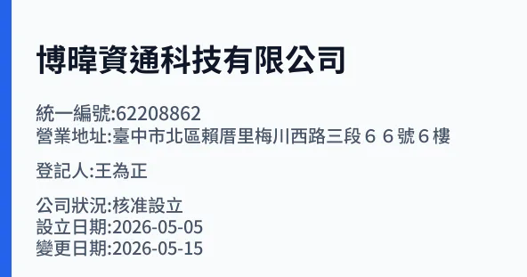 博暐資通科技有限公司的照片-統編 62208862(臺中市) 公司登記資料與營業項目詳細圖表