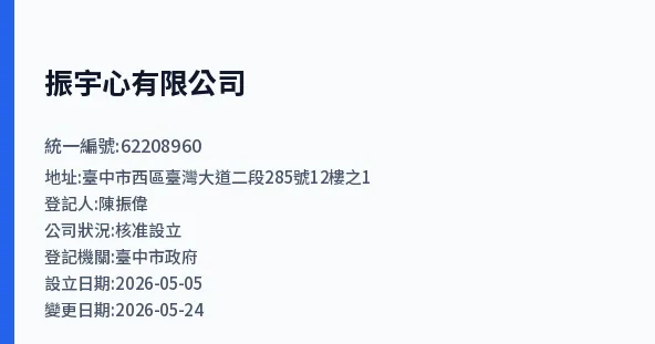 振宇心有限公司的照片-統編 62208960(臺中市) 公司登記資料與營業項目詳細圖表