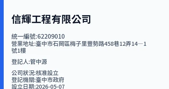 信輝工程有限公司的照片-統編 62209010(臺中市) 公司登記資料與營業項目詳細圖表