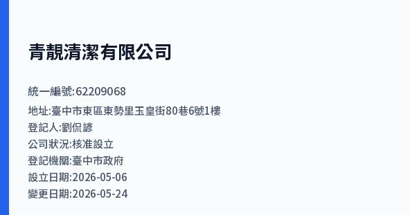 青靚清潔有限公司的照片-統編 62209068(臺中市) 公司登記資料與營業項目詳細圖表